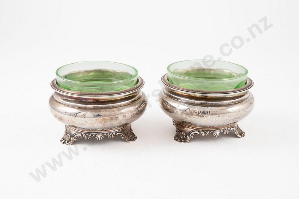 Victorian Sterling Silver Salts with Green Glass Liners - Condiment ...