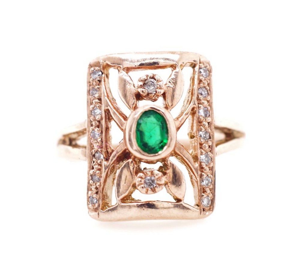 Diamond & Rose Gold Ring with Green Gemstone - Rings - Jewellery