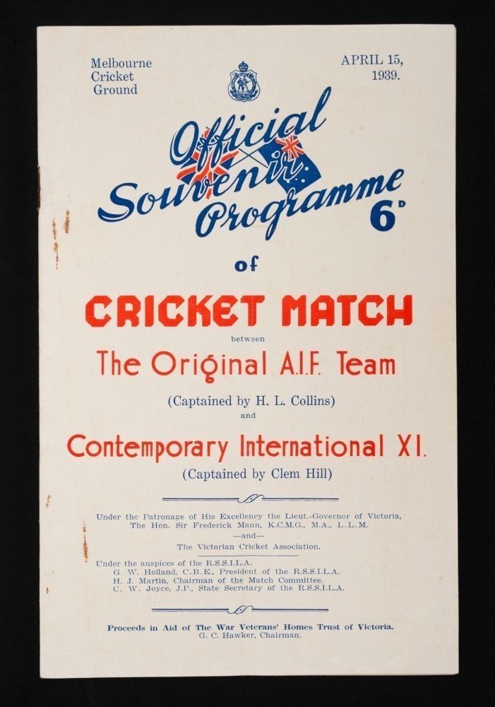1939 A.I.F. Team vs International XI Cricket Match Programme - Sporting ...