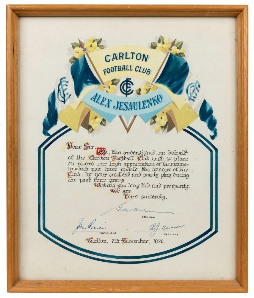 Carlton Football Club Certificate of Appreciation to Alex Jesaulenko ...
