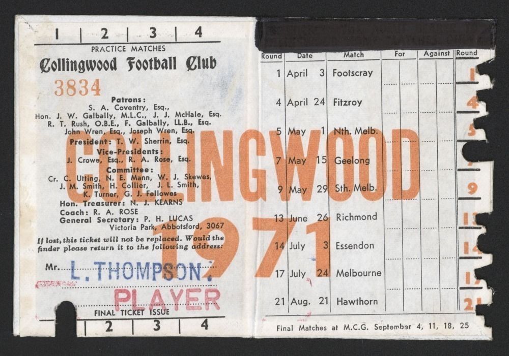 Len Thompson's 1971 Collingwood FC Season Ticket: Player Edition ...