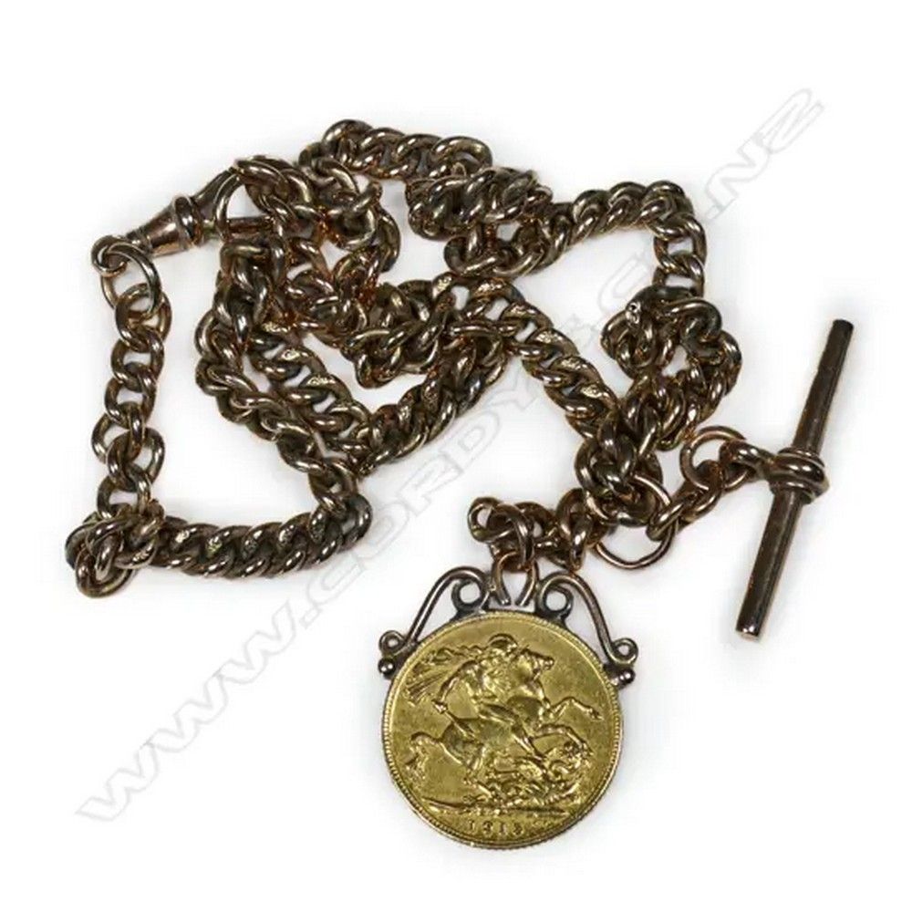 9ct Rose Gold Fob Chain with 1915 Full Sovereign Pendant - Pendants ...