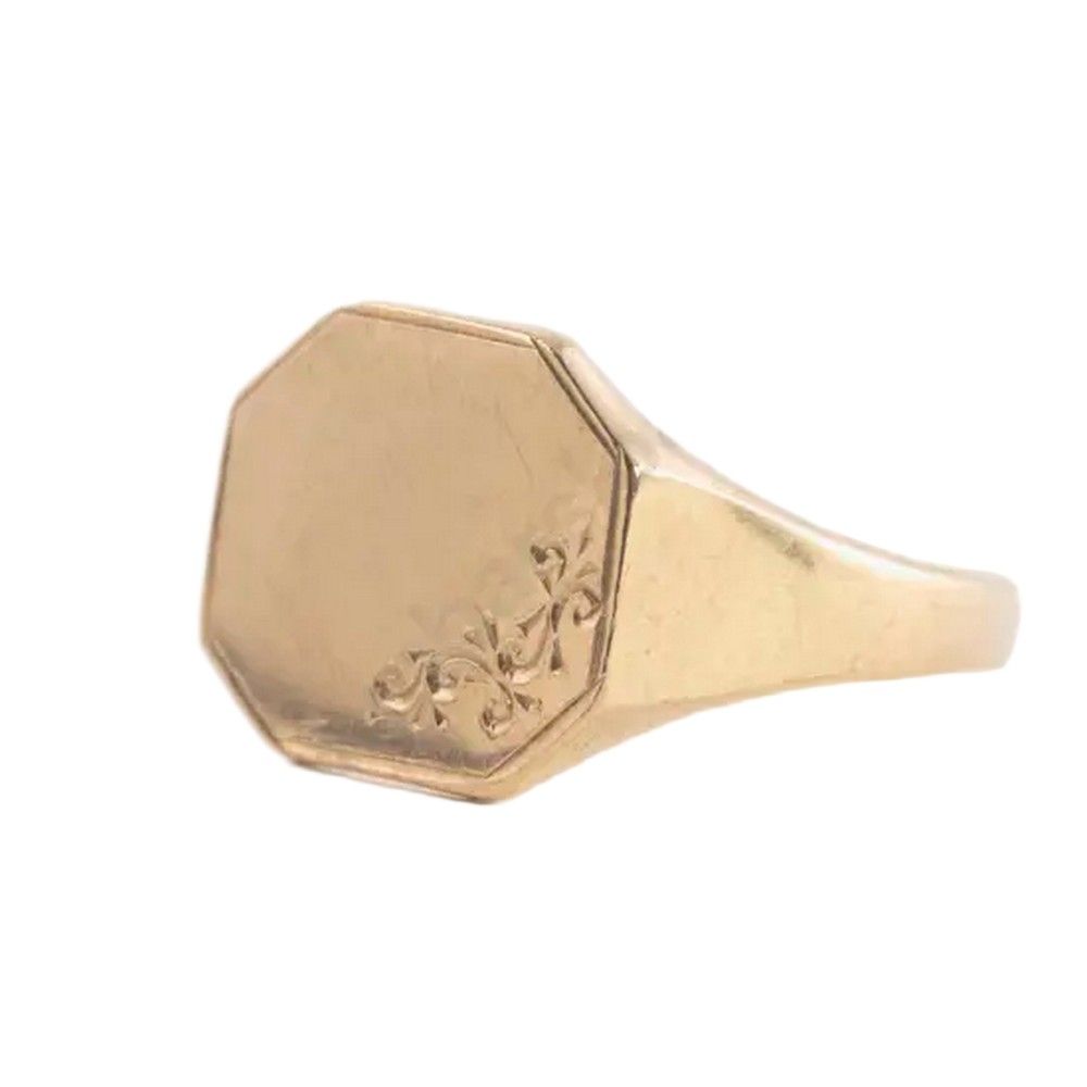 9ct Signet Ring with Engraved Panel, 4.5gms, Size T - Rings - Jewellery