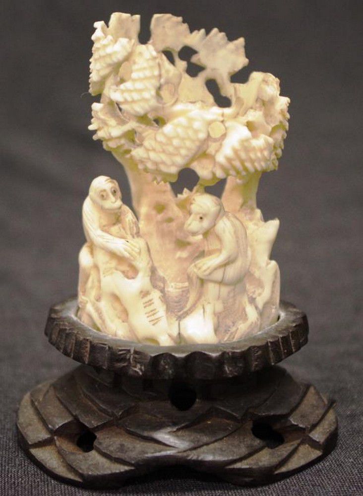 Carved Ivory Monkeys on Wood Stand - Ivory - Oriental