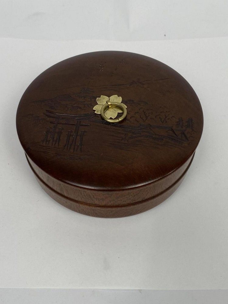 Japanese Timber Trinket Box with Traditional Carved Scenic Decoration ...