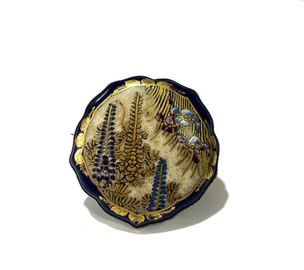 Japanese Satsuma Porcelain Brooch with Snapdragon & Iris Motifs ...