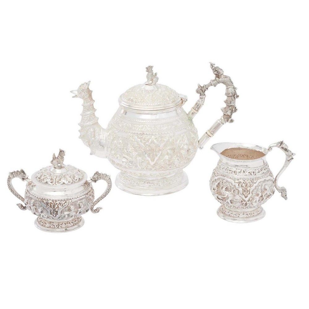 Burmese Silver Tea Set with Repousse Scenes, 1955 grams - Zother - Oriental