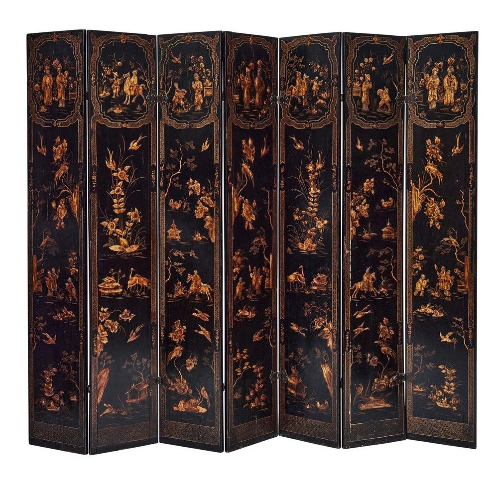 Chinese Courtly Figures Lacquered Seven-Fold Screen with Gold Accents ...