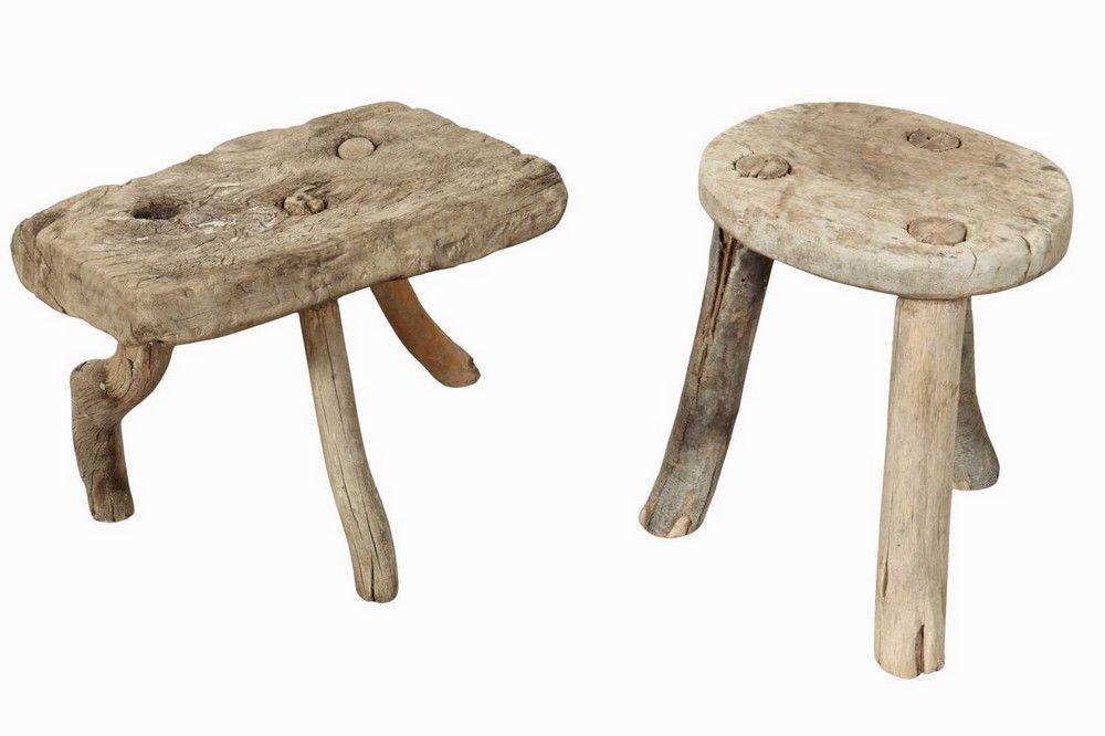 Rustic Timber Stools with Tree Branch Legs, Set of Two - Seating ...