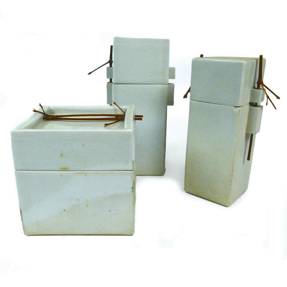 Three Porcelain Boxes: Two Tall with Lug Handles, One Cube-Shaped - New ...