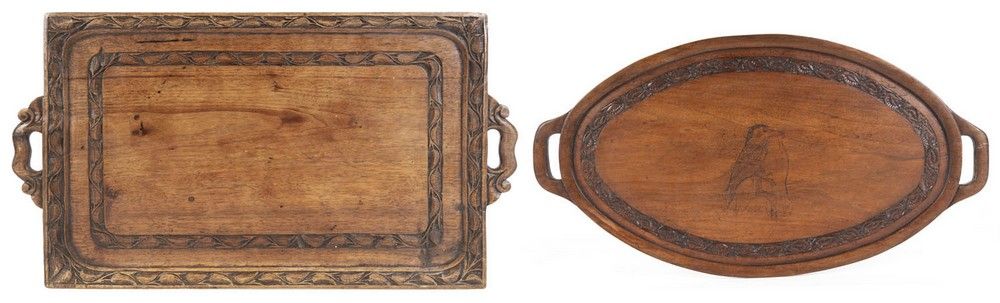 Blackwood Serving Trays with Pokerwork Kookaburra Design, Early 20th ...