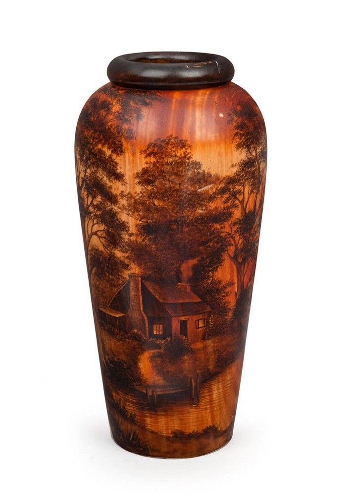 Huon Pine Pokerwork Vase with Hand-Painted Bush Hut Landscape ...