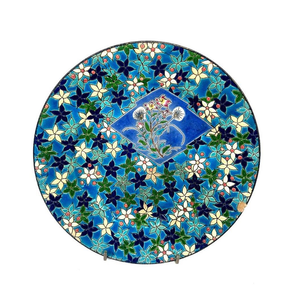 Longwy Faience Plate with Blue and Turquoise Floral Enamels - Zother ...