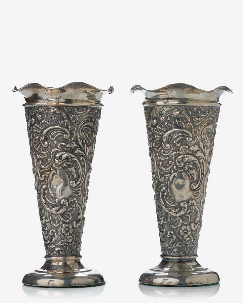 Victorian embossed silver-plated trumpet vases, English late 19th ...