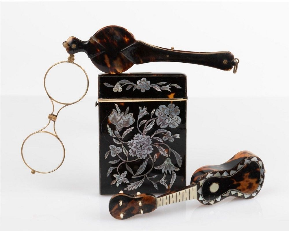 Antique Tortoise Shell Card Case, Lorgnette, Miniature Guitar Ornament ...