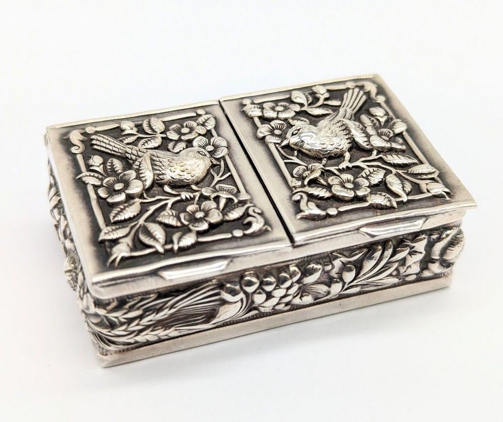 Embossed Bird Silver Stamp Box - Double Rectangular Design - Stamp ...
