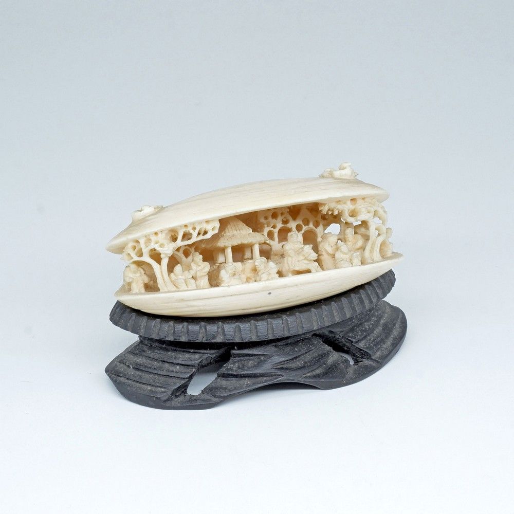 Late Qing Dynasty Chinese Ivory Clamshell with Carved Village - Ivory ...