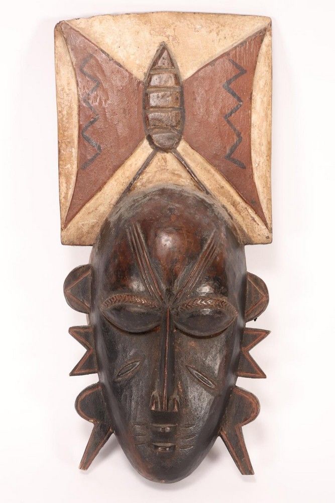 African Wooden Mask with Moth Panel, 49cm Length - African - Tribal