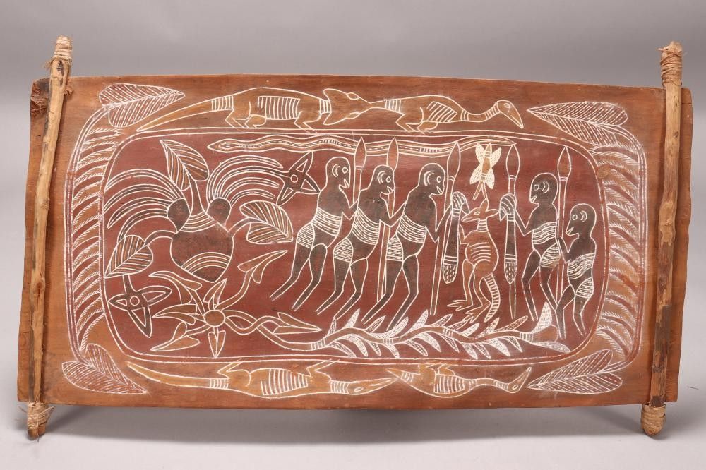 Traditional Hunting Scene on Eucalyptus Bark - Aboriginal - Art - Tribal