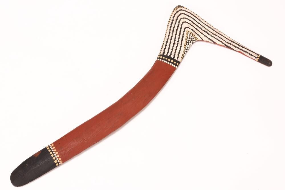 Aboriginal Hooked Boomerang with Dot Work Designs on Ochre - Aboriginal ...