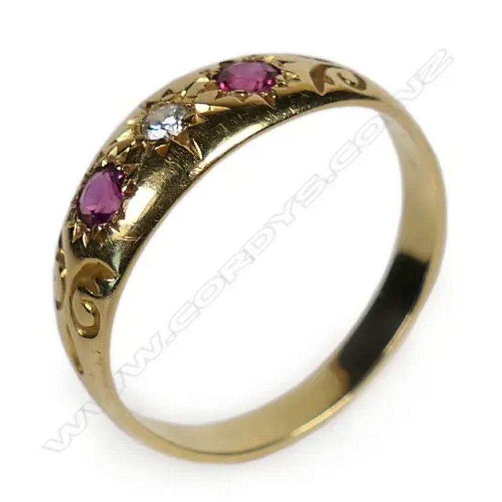 Antique 18ct Gold Ruby Diamond Ring with Star Detail - Rings - Jewellery