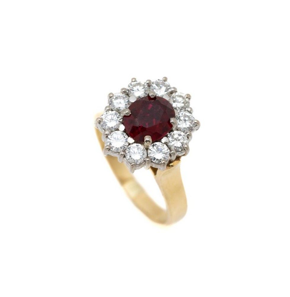 18ct Gold Synthetic Ruby & Diamond Ring, 1.1ct Oval Ruby - Rings ...