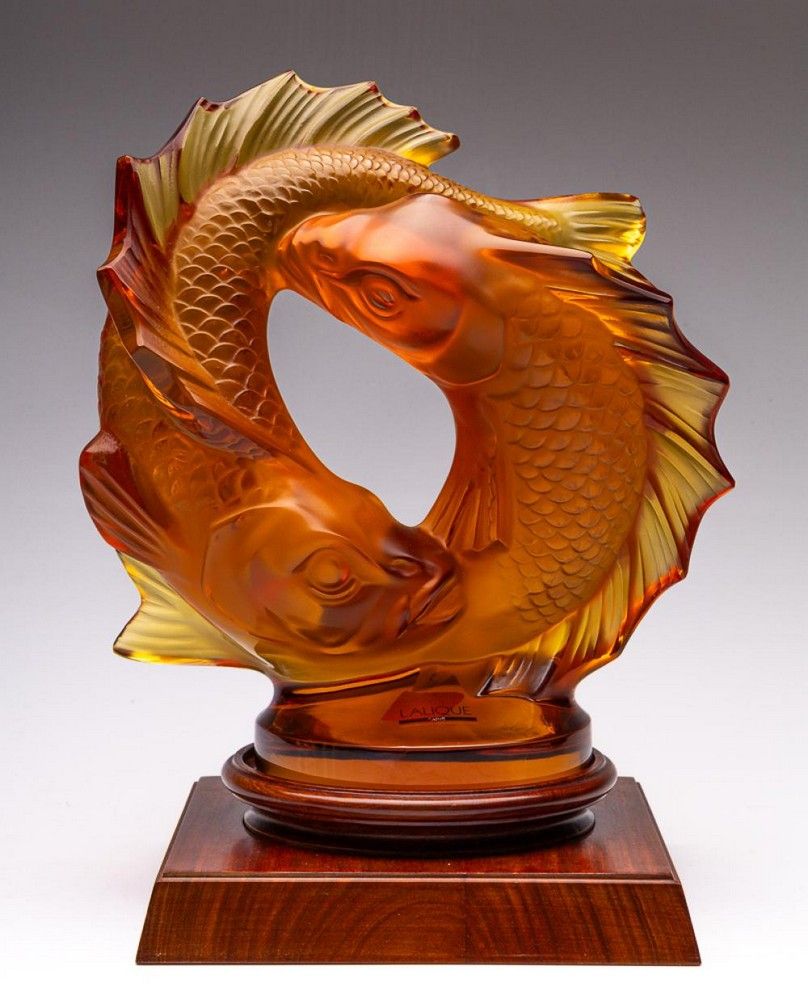 Limited Edition Lalique Double Fish Sculpture on Custom Stand - French ...