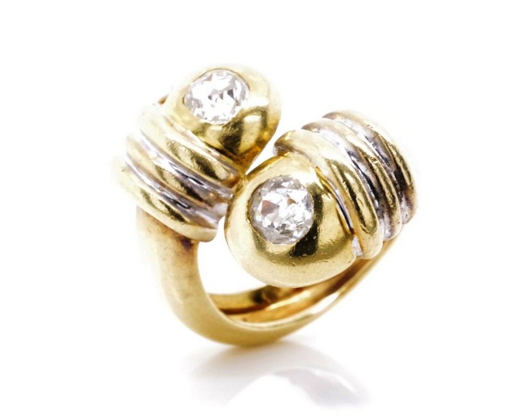 18ct Yellow Gold Crossover Ring with Old Cut Diamonds - Rings - Jewellery