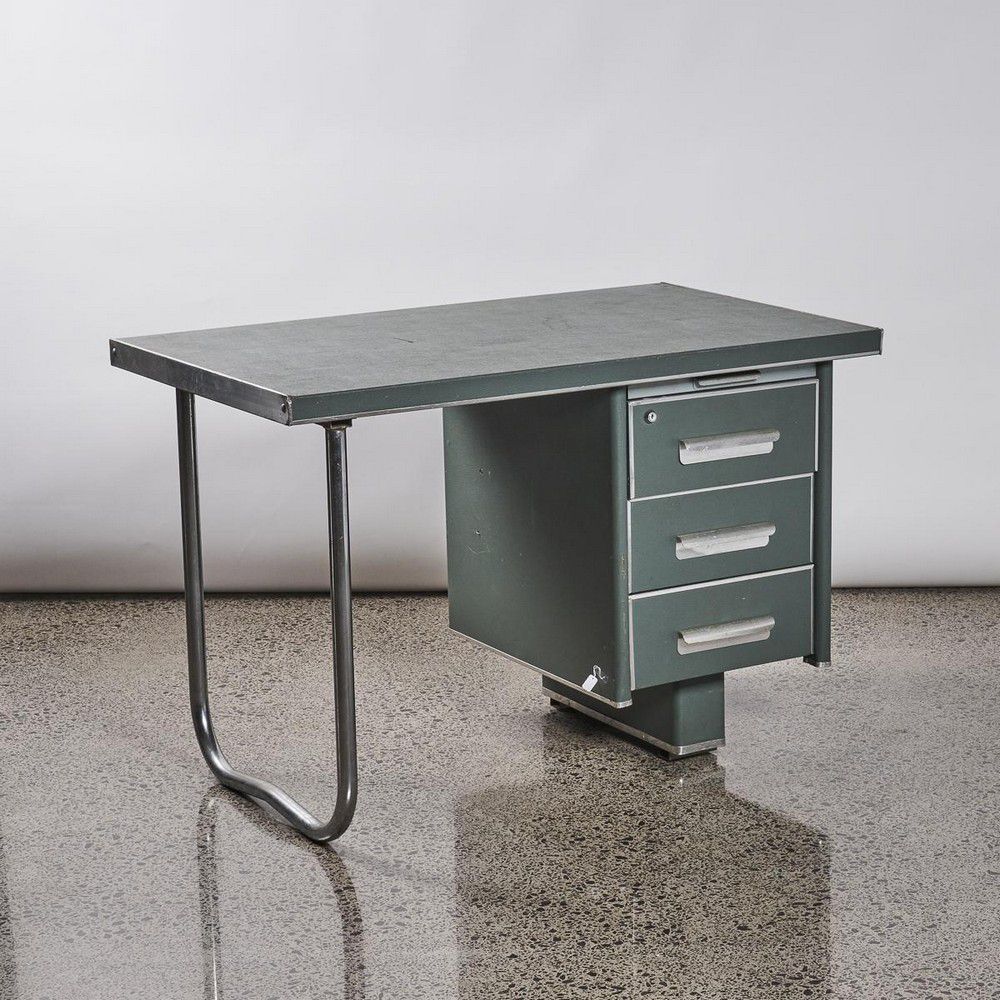 French Industrial Vinyl Topped Desk with Drawers - European - Furniture ...