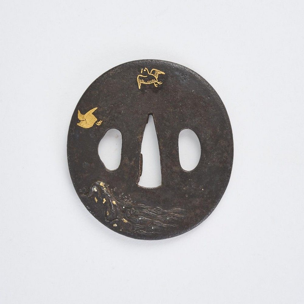 Birds in Flight: Oval Wakizashi Iron Nara School Tsuba - Zother - Oriental