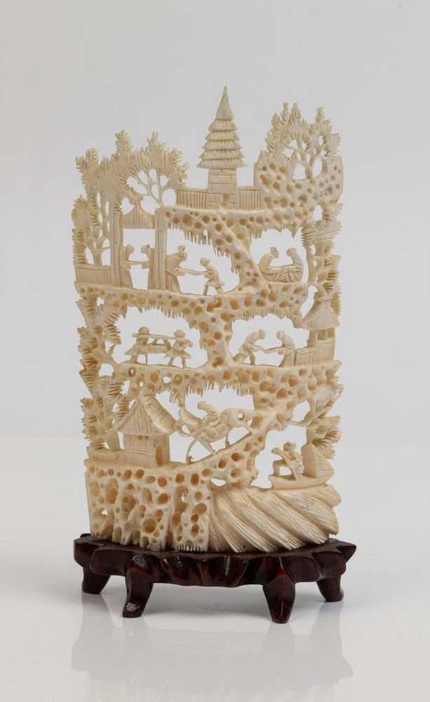 Chinese Carved Ivory Landscape Ornament on Wooden Stand (20th Century ...