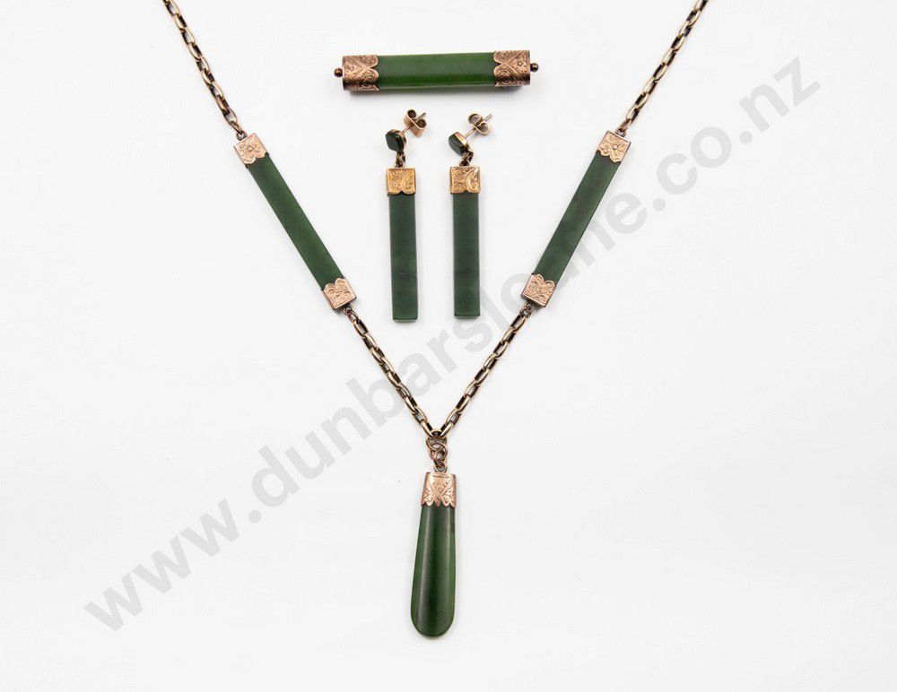 Greenstone Necklace and Earring Set with Brooch - Necklace/Chain ...
