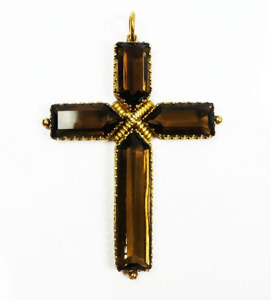 Vintage Style Cross Pendant with Smokey Quartz in 9ct Gold - Religious ...