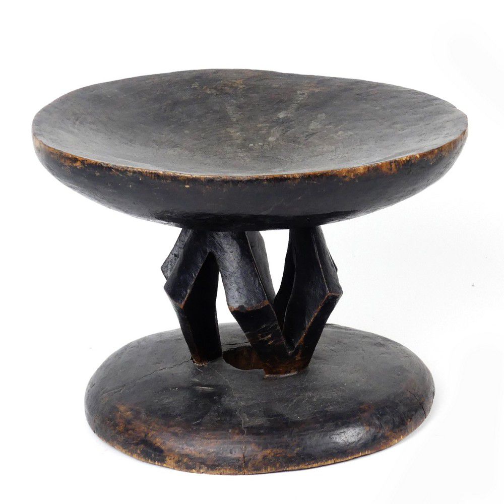 African Wooden Stool with Angular Pierced Support - African - Tribal