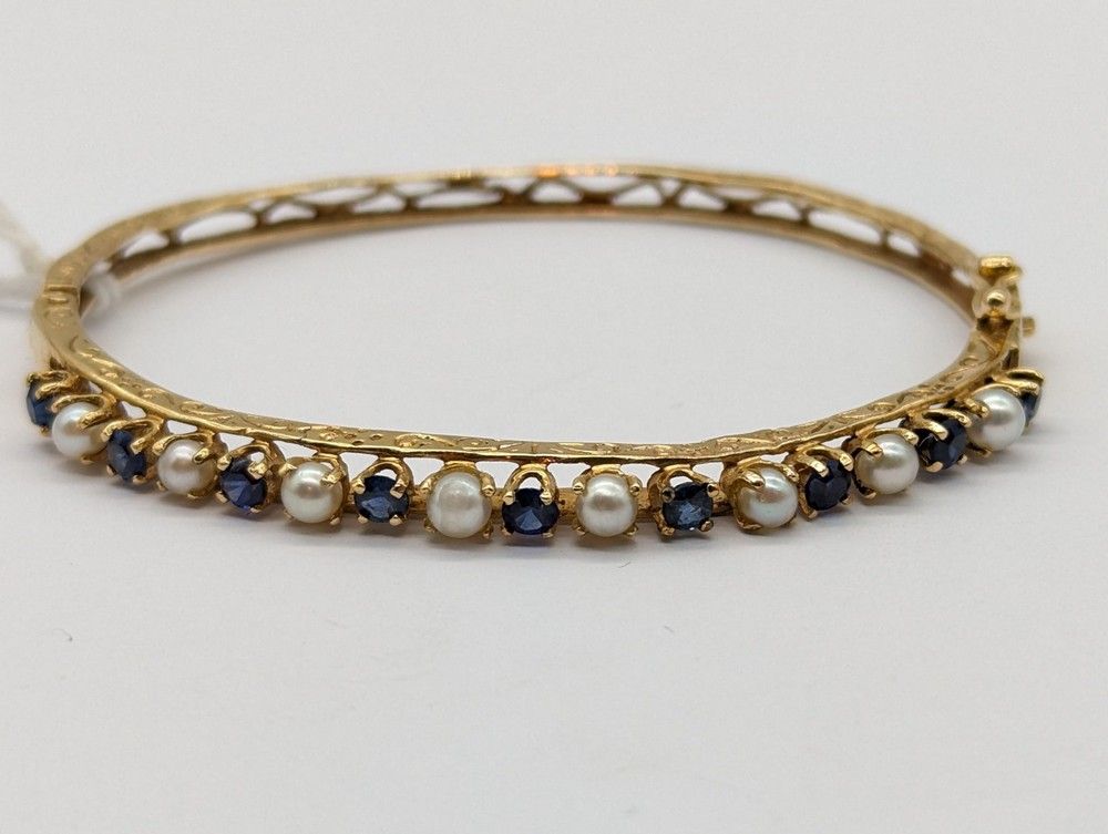 Antique Sapphire & Seed Pearl 9ct Gold Hinged Bangle - Bracelets ...