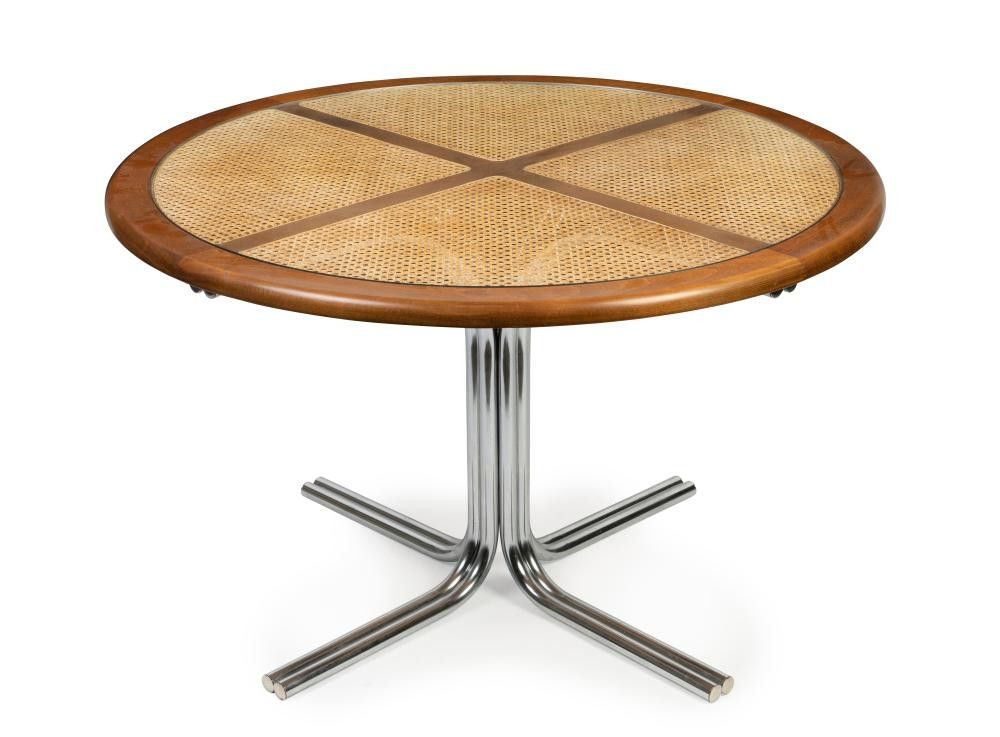 Italian Cesca Table: Timber, Rattan, Chrome Base, 1970s, Circular ...