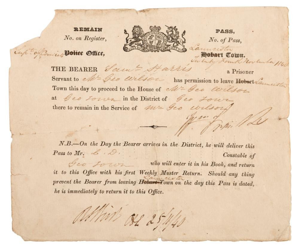 Remain Pass for Convict Samuel Harris (1840) - Convict Relics ...