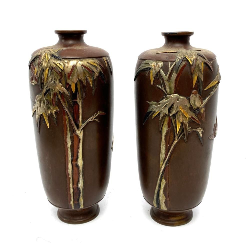 Meiji Period Shakudo Vases with Bamboo and Swallow Motifs - Zother ...
