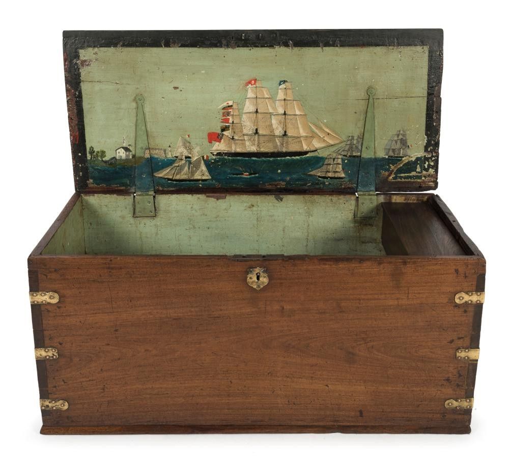 19th Century Teak Ship's Trunk with Nautical Scene Painting - Trunks ...