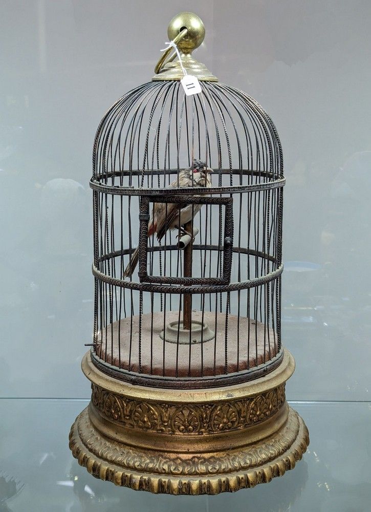 Rare Large Singing Bulbul Bird Automaton in Ornate Metal Cage - Natural ...
