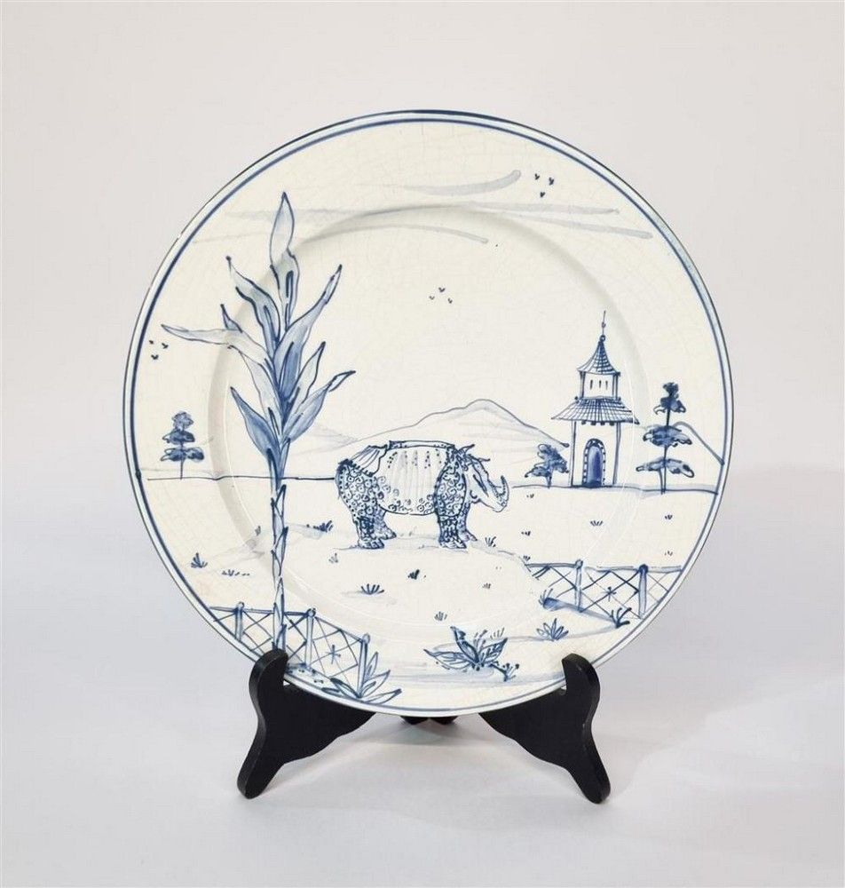 Hand-painted Colefax and Fowler tin-glazed plate with rhinoceros, 1987 ...