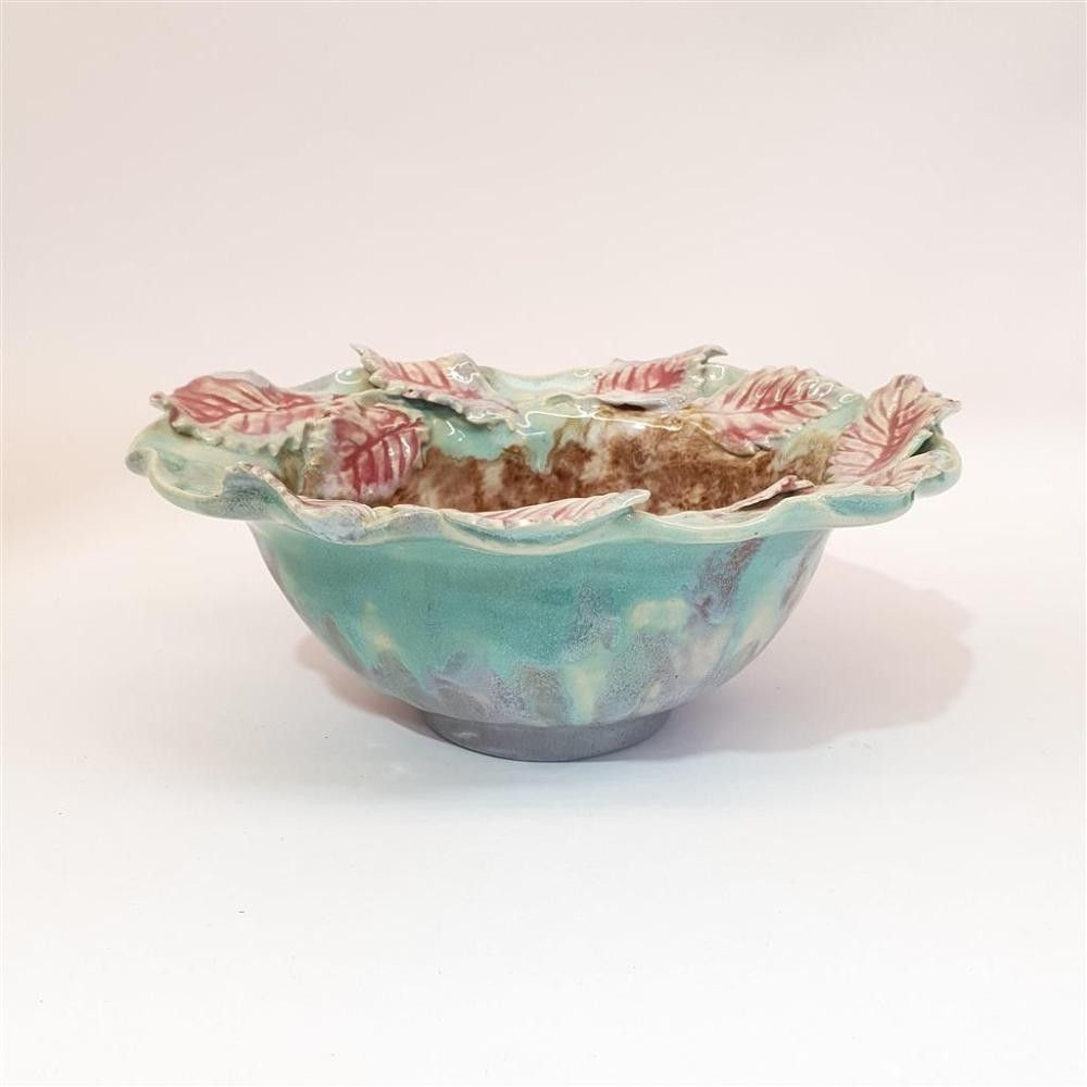 John Castle Harris Pottery Bowl with Leaf Decoration and Glaze - Castle ...