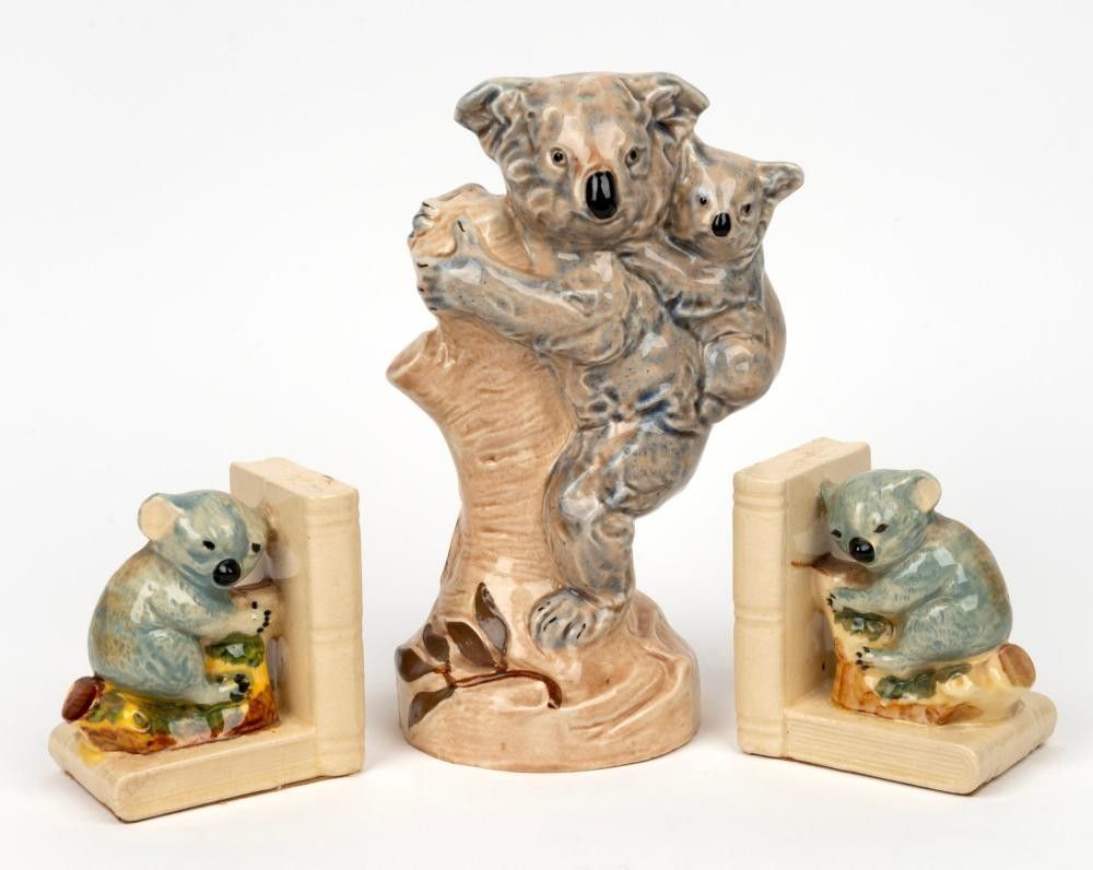 Elischer Pottery Koala Figural Group and Ceramic Koala Bookends ...
