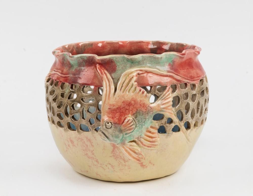Pierced Pottery Jardiniere with Fish Decoration by Castle Harris ...