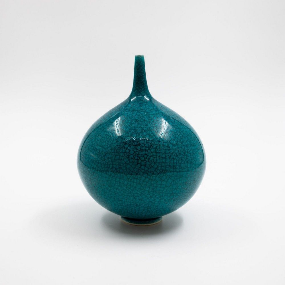 Small turquoise porcelain vase with crackled glaze, by Peter Collis ...