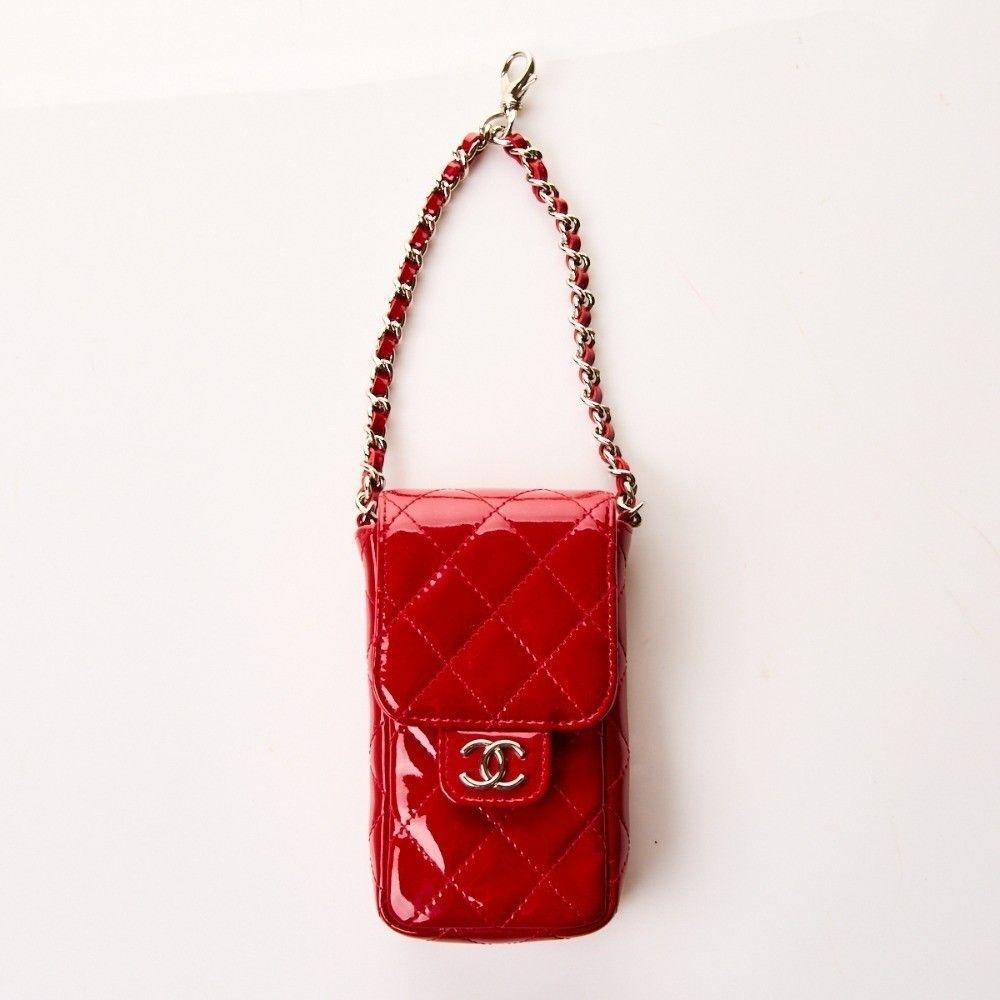 Chanel Red Quilted Patent Leather Phone Holder with Chain Strap ...