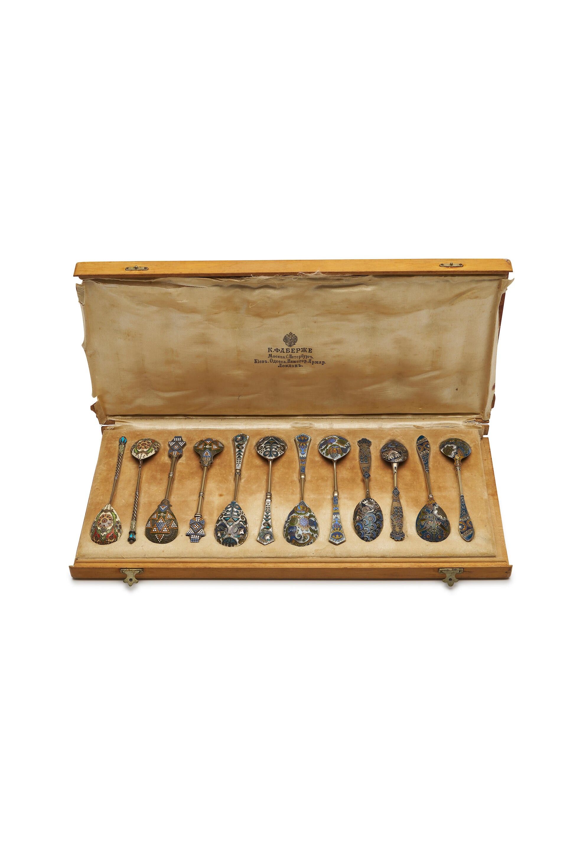 Faberge Set of 12 Enamel Spoons by Feodor Ruckert - Flatware/Cutlery ...