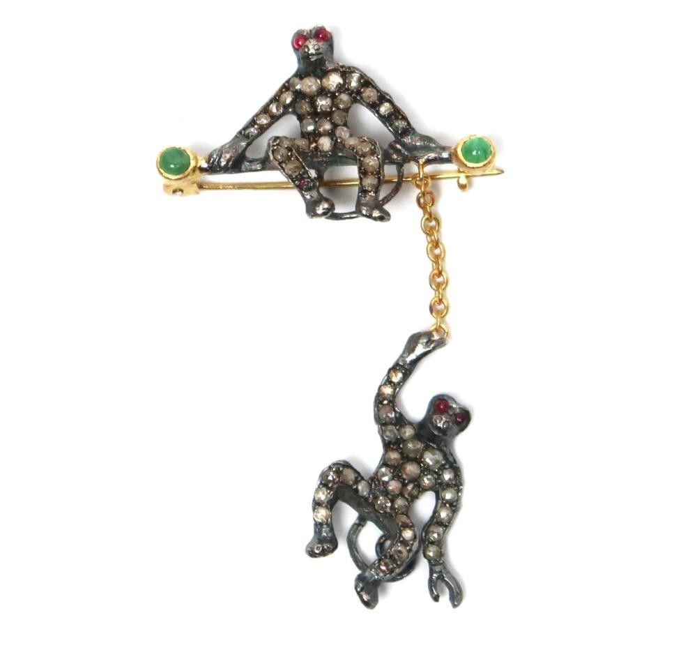 Victorian Monkey Brooch/Pendant with Diamonds, Emeralds & Red Spinels ...