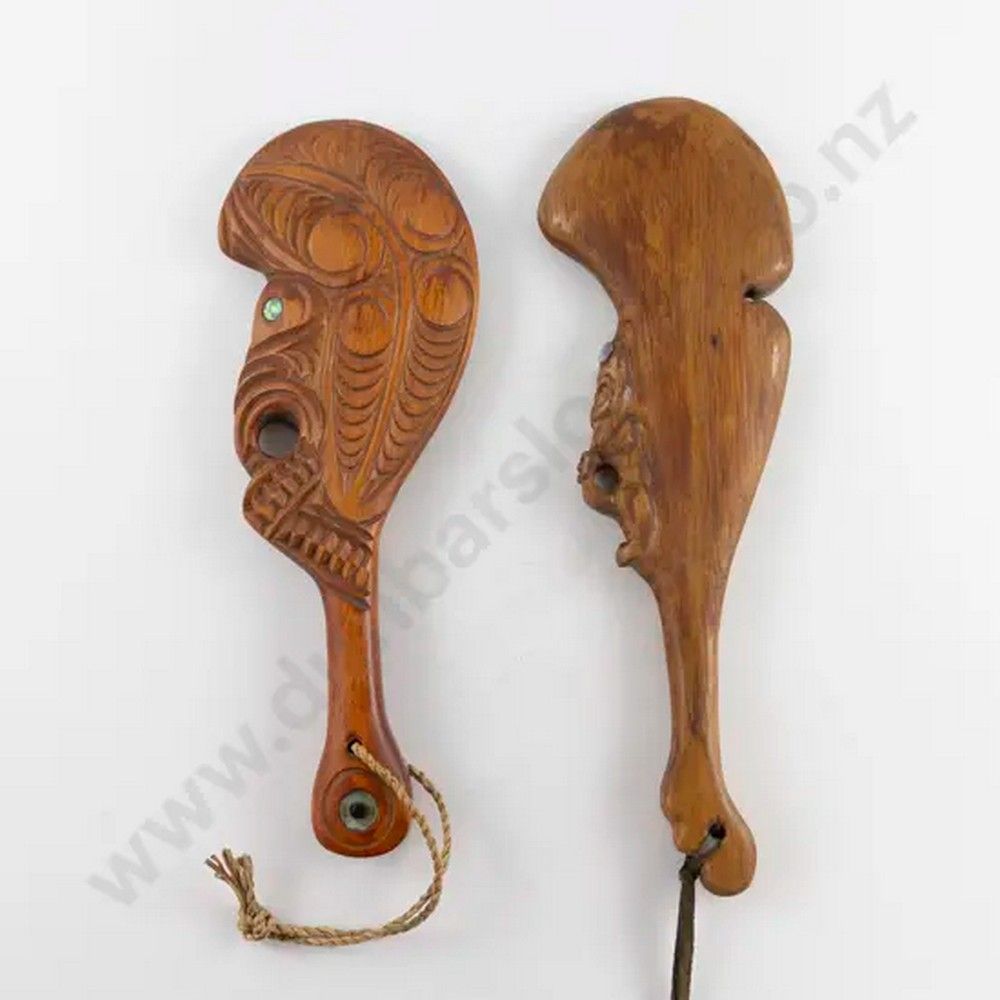 Paua-Inset Carved Wahaika Hand Clubs, Set of Two - New Zealand Maori ...