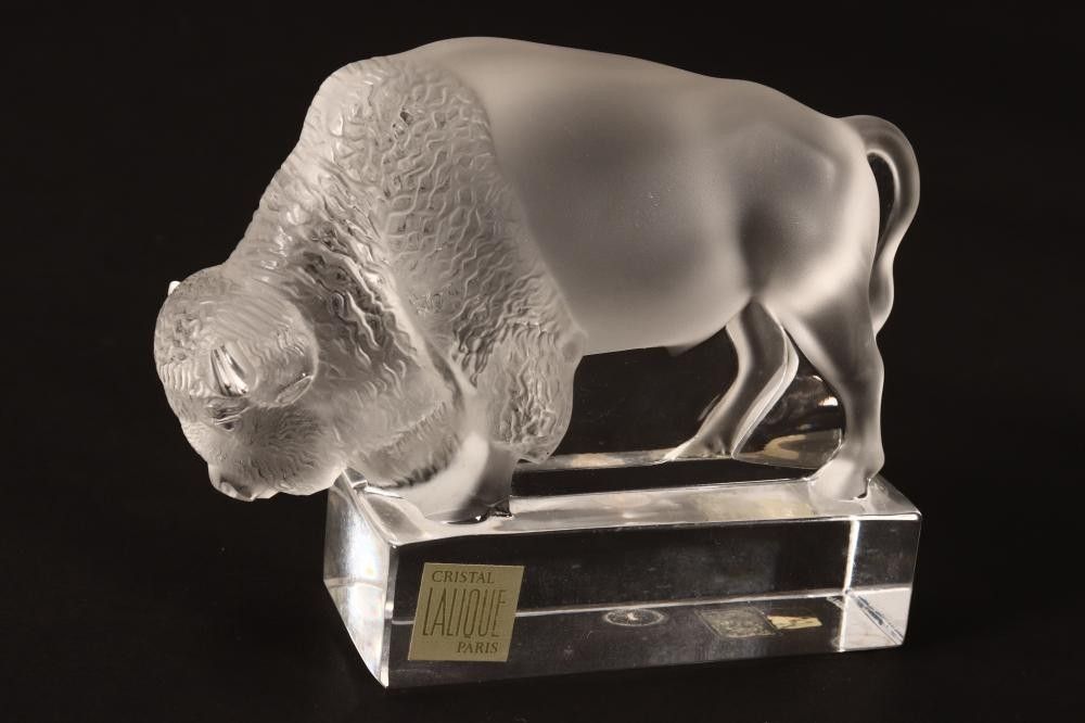 Frosted Bison Lalique Paperweight: Head Down on Rectangular Base ...